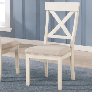 Roundhill Furniture Prato Wood Cross Back Upholstered Dining Chairs, Set of 2, Antique White and Tan