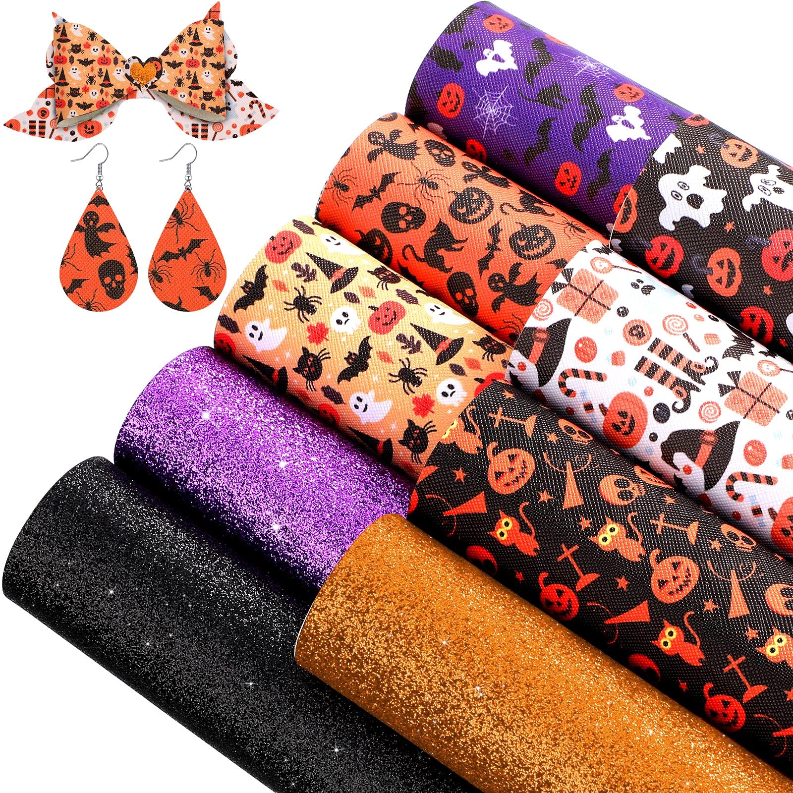 9 Pieces Halloween Faux Leather Sheets Pumpkin Ghost Bat Faux Leather Fabric Printed Leather Sheet Glitter Pearl Light Fabric Sheets 7.9 x 11.8 in for DIY Bows Earrings Making