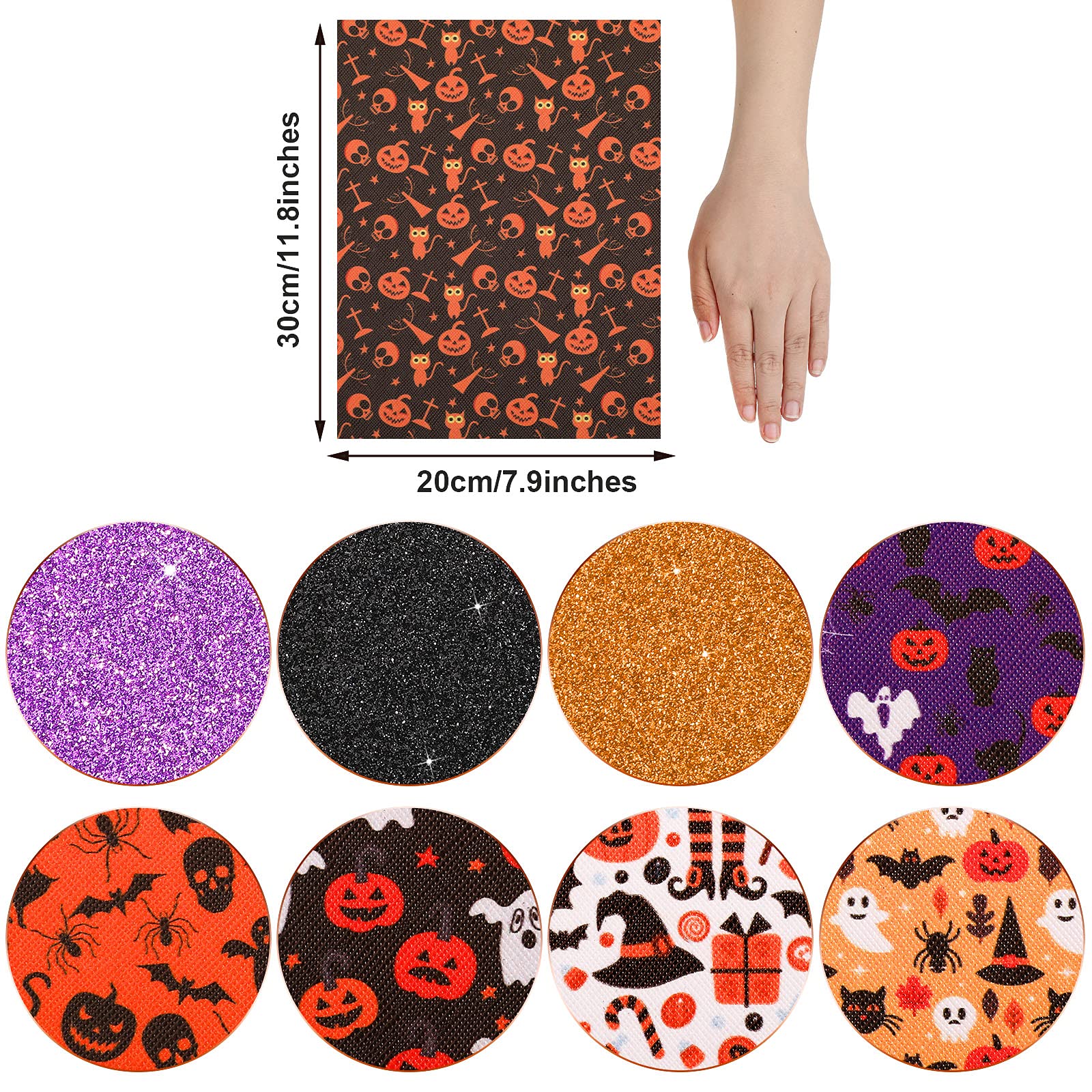 9 Pieces Halloween Faux Leather Sheets Pumpkin Ghost Bat Faux Leather Fabric Printed Leather Sheet Glitter Pearl Light Fabric Sheets 7.9 x 11.8 in for DIY Bows Earrings Making