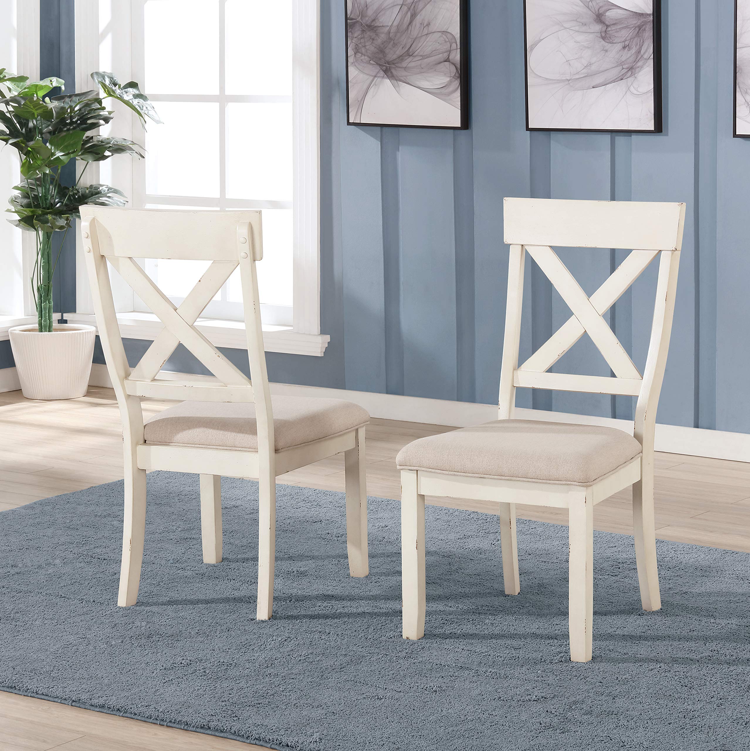 Roundhill Furniture Prato Wood Cross Back Upholstered Dining Chairs, Set of 2, Antique White and Tan