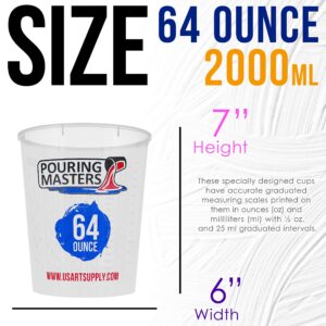 Pouring Masters 64 Ounce (2000ml) Graduated Plastic Mixing Cups (Box of 12) - Use for Paint, Resin, Epoxy, Art, Kitchen, Cooking, Baking - Measurements in OZ. and ML., 4 Different Measuring Ratios 1:1