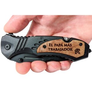 spanish latino mexican dad gifts for christmas, birthday, father's day - el papa mas trabajador - engraved pocket knife for daddy - regalos para el dia del padre de hija e hijo (trabajador)