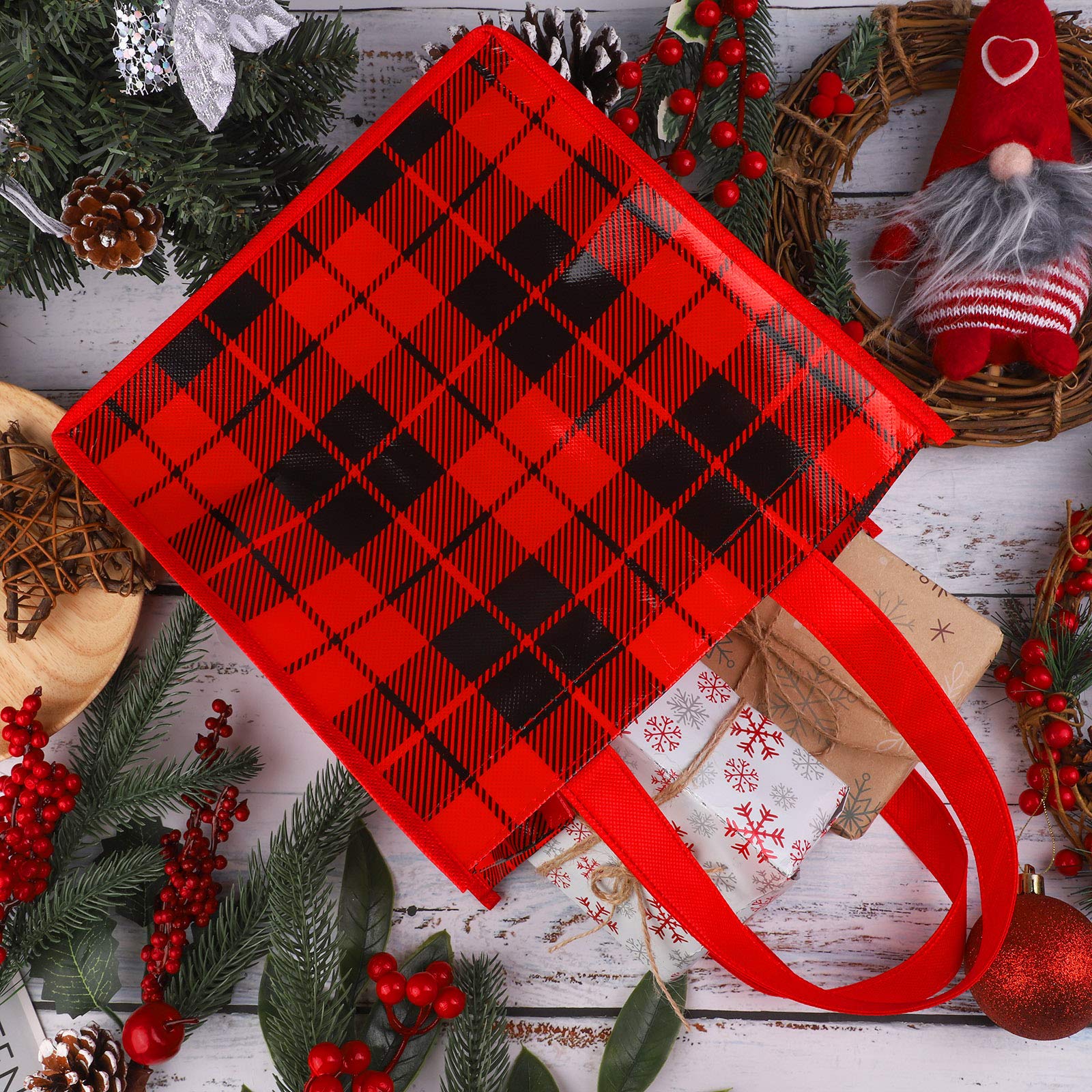 Aneco 12 Pieces Christmas Gift Bags Red and Black Plaid Reusable Non-woven Bags Christmas Treat Bags Tote Bag with Handles 9.8 x 7.9 x 9.8 Inch Party Favors