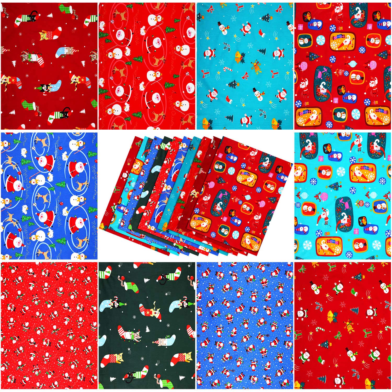 10 Pieces Christmas Fabric 18 x 22 Inch Christmas Fabric Bundles Sewing Squares Fabric Quilting Patchwork Christmas Tree Fat Quarters Precut Santa Claus Fabric Scraps for Christmas DIY Crafts