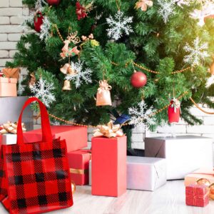 Aneco 12 Pieces Christmas Gift Bags Red and Black Plaid Reusable Non-woven Bags Christmas Treat Bags Tote Bag with Handles 9.8 x 7.9 x 9.8 Inch Party Favors