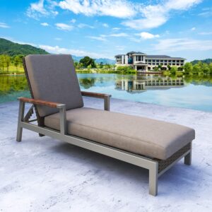 lokatse home patio adjustable chaise outdoor rattan lounge furniture wicker armrest chair with cushion for beach, poolside, dark grey