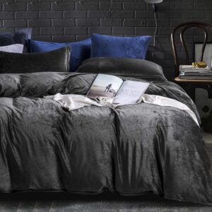 ntbay velvet queen duvet cover set, 3 pieces zippered flannel comforter cover set, black