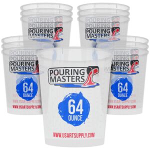 pouring masters 64 ounce (2000ml) graduated plastic mixing cups (box of 12) - use for paint, resin, epoxy, art, kitchen, cooking, baking - measurements in oz. and ml., 4 different measuring ratios 1:1