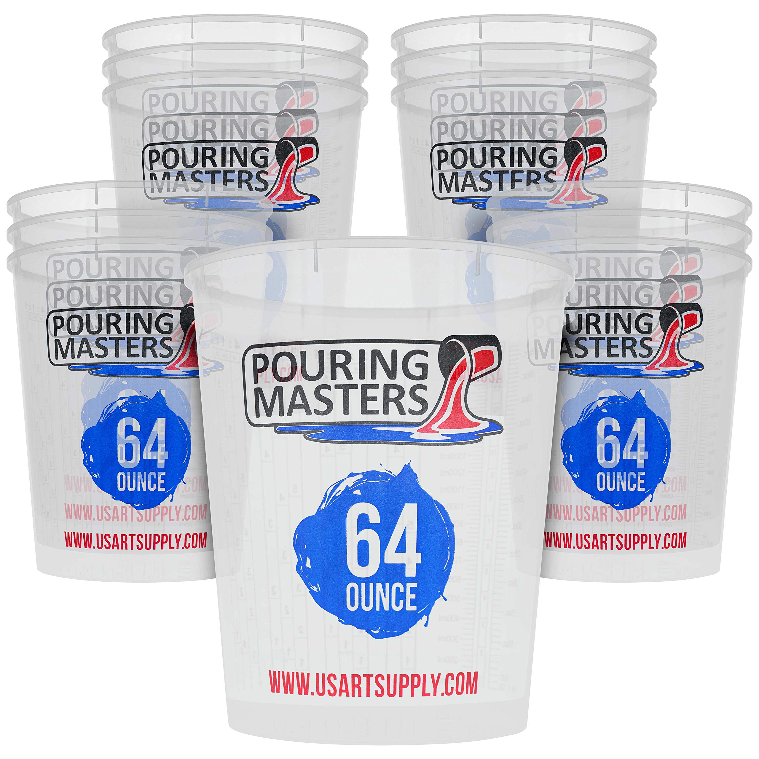 Pouring Masters 64 Ounce (2000ml) Graduated Plastic Mixing Cups (Box of 12) - Use for Paint, Resin, Epoxy, Art, Kitchen, Cooking, Baking - Measurements in OZ. and ML., 4 Different Measuring Ratios 1:1