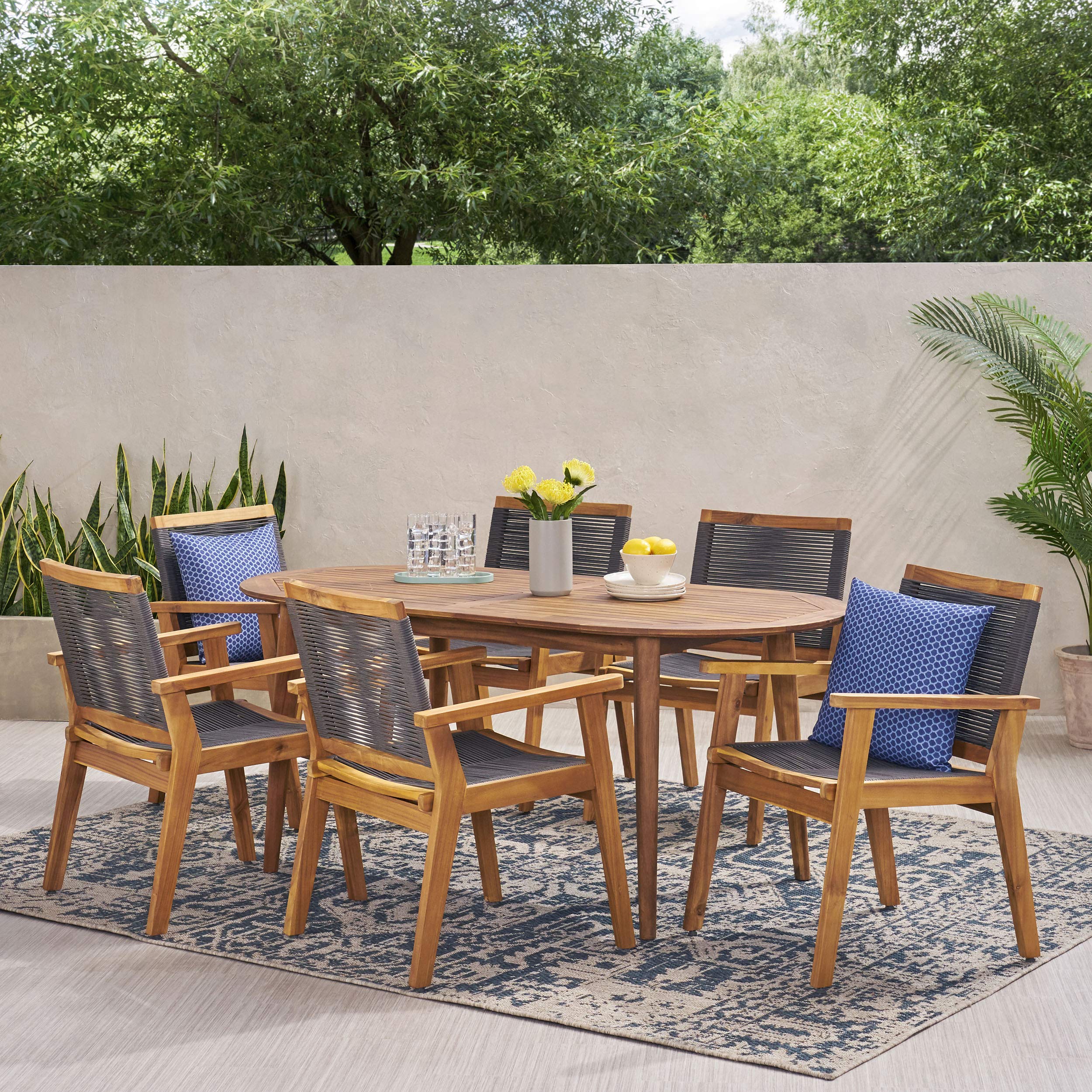 Christopher Knight Home Ashley Outdoor 7 Piece Acacia Wood Dining, Teak and Dark Gray