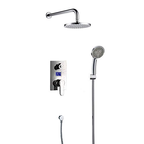 Naples Wall Mount Shower Set With Digital Mixer - LED Display Round Shower Head Hot & Cold Temperature Control - BS61LD Single Handle Contemporary Style Chrome Shower Set Shower Head Size - 10 Inch