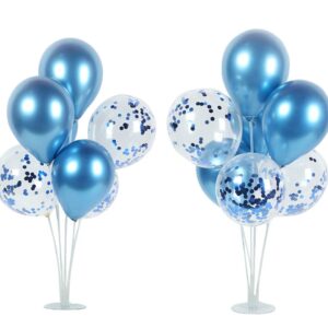 Blue Balloons Stand Kit Table Decorations,2 Set with 14 Sticks,14 Cups,2 Base,12 Blue Metallic Balloons 6 Blue Confetti Balloons for,Baby Shower,Graduation,Anniversary Table Party Decorations