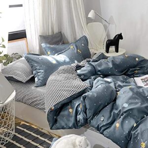 Feelyou Universe Galaxy Bedding Blue Stars Duvet Cover Set for Kids Teens Decorative Outer Space and White Black Plaid Reversible Design Comforter Cover Soft Microfiber Bedding Sets Full Size,Zipper