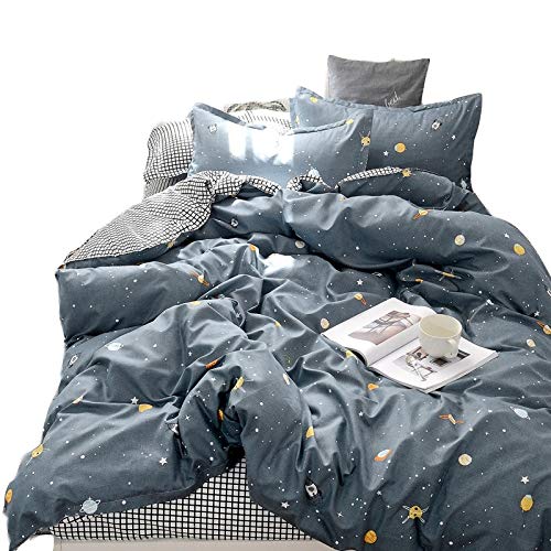 Feelyou Universe Galaxy Bedding Blue Stars Duvet Cover Set for Kids Teens Decorative Outer Space and White Black Plaid Reversible Design Comforter Cover Soft Microfiber Bedding Sets Full Size,Zipper