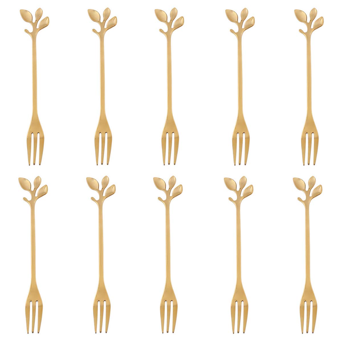 AnSaw 10-Piece Gold Mini Leaf Dessert Forks Set - 4.7" Elegant Stainless Steel Fruit, Appetizer, Cake & Salad Forks - Perfect for Cocktail Parties & Home Use