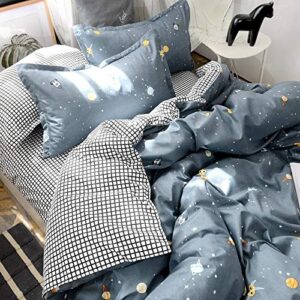 Feelyou Universe Galaxy Bedding Blue Stars Duvet Cover Set for Kids Teens Decorative Outer Space and White Black Plaid Reversible Design Comforter Cover Soft Microfiber Bedding Sets Full Size,Zipper