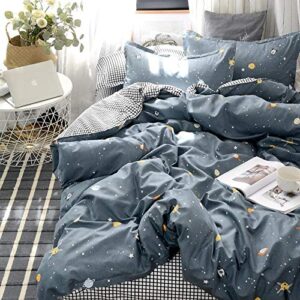 Feelyou Universe Galaxy Bedding Blue Stars Duvet Cover Set for Kids Teens Decorative Outer Space and White Black Plaid Reversible Design Comforter Cover Soft Microfiber Bedding Sets Full Size,Zipper