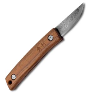 kakuri japanese folding knife 2.3", made in japan, small pocket knife for camping, bushcraft, outdoor, gardening, hand forged japanese white steel no.2 blade, double bevel edge, walnut handle, brown