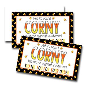 funny candy corn halloween treat themed thank you customer appreciation package inserts for small businesses, 100 2" x 3.5” single sided insert cards by amandacreation