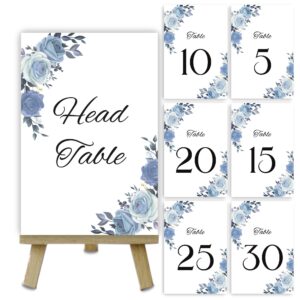 30 pc table numbers, wedding table numbers, table number cards with blue floral border print, black table numbers for wedding reception 1-30, 4x6 inches table numbers for wedding