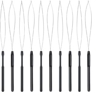 10 pieces hair extension loop needle threader pulling hook tool and bead device tool black loop threader for hair or feather extensions (black)