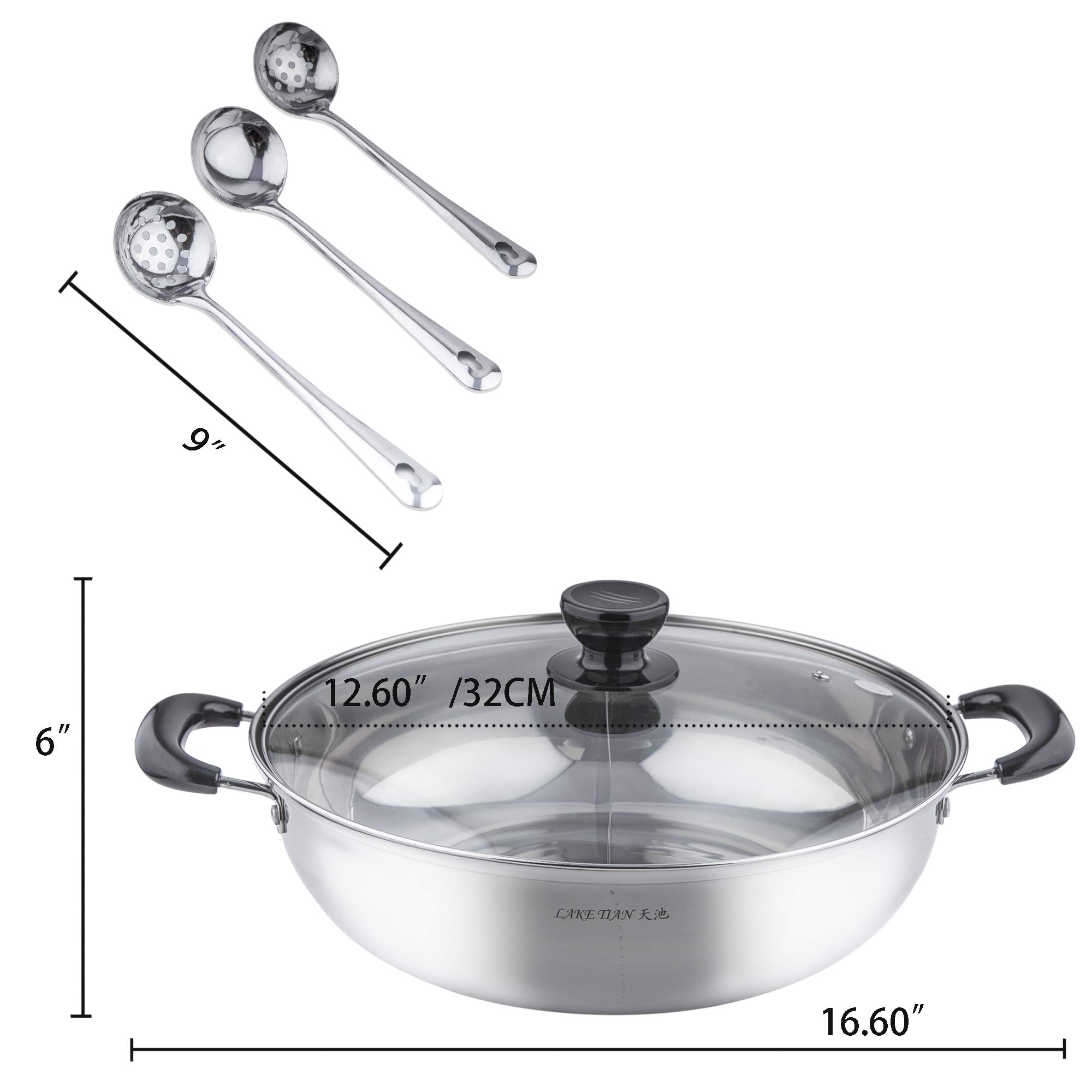 Lake Tian Stainless Steel Shabu Shabu Chinese Hot Pot With Lid, Dual Sided Yin Yang Hot Pot Pot with Divider Set Include 3 Pot Spoons, Divided Hotpot Pot, Portable, 鸳鸯火锅 (32cm/12.6″)