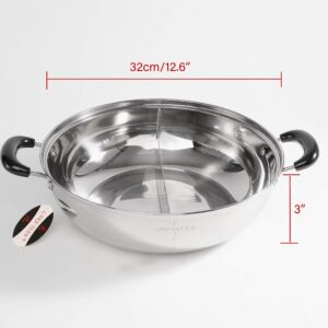 Lake Tian Stainless Steel Shabu Shabu Chinese Hot Pot With Lid, Dual Sided Yin Yang Hot Pot Pot with Divider Set Include 3 Pot Spoons, Divided Hotpot Pot, Portable, 鸳鸯火锅 (32cm/12.6″)