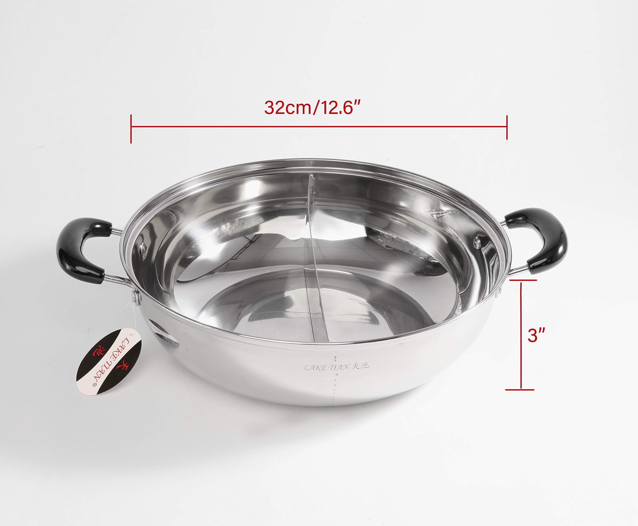 Lake Tian Stainless Steel Shabu Shabu Chinese Hot Pot With Lid, Dual Sided Yin Yang Hot Pot Pot with Divider Set Include 3 Pot Spoons, Divided Hotpot Pot, Portable, 鸳鸯火锅 (32cm/12.6″)