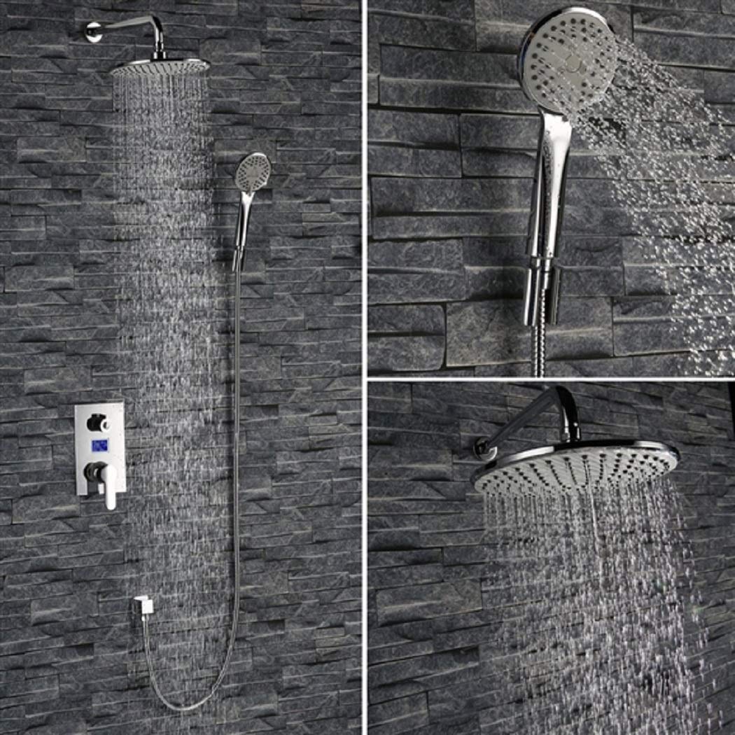 Naples Wall Mount Shower Set With Digital Mixer - LED Display Round Shower Head Hot & Cold Temperature Control - BS61LD Single Handle Contemporary Style Chrome Shower Set Shower Head Size - 10 Inch