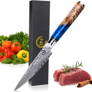 fukep kitchen utility knife, 5 inch paring knife sharp-edged damascus paring knife vg10 core steel with 66 layers high carbon steel - ergonomic blue handle - small fruit knife