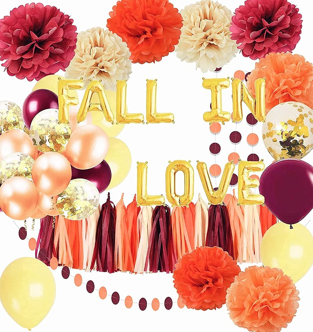 Fall Bridal Shower Decorations/Fall Wedding/Engagement Fall Bachelorette Party Decorations Burgundy Orange/Thanksgiving/Fall In Love Balloons Burgundy Orange Yellow Balloons Burgundy