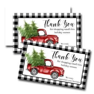 black buffalo plaid red watercolor pickup truck christmas holiday customer appreciation package inserts for small businesses, 100 2" x 3.5” single sided insert cards