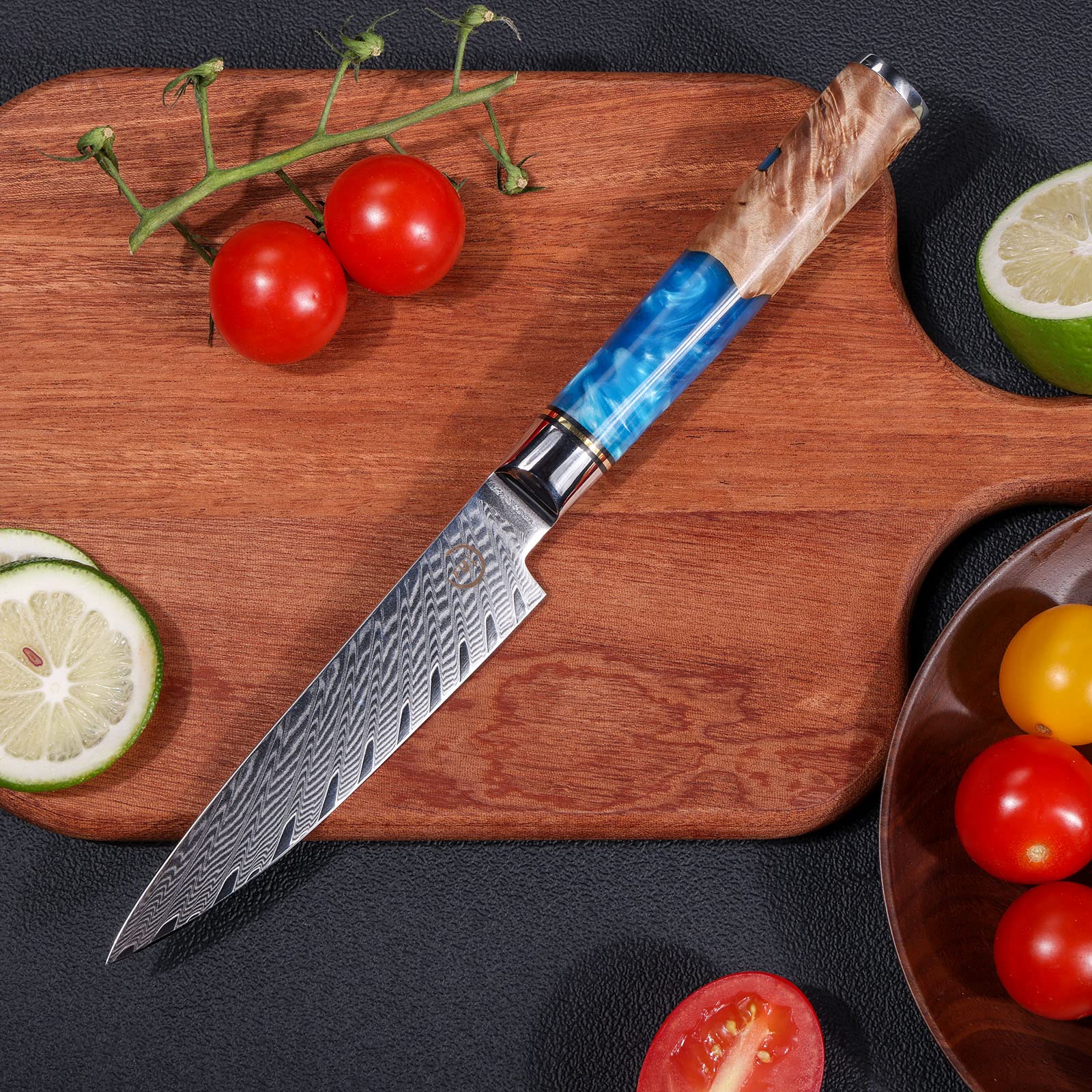 Fukep Kitchen Utility Knife, 5 Inch Paring Knife Sharp-edged Damascus Paring knife VG10 Core Steel With 66 Layers High Carbon Steel - Ergonomic Blue Handle - Small Fruit Knife