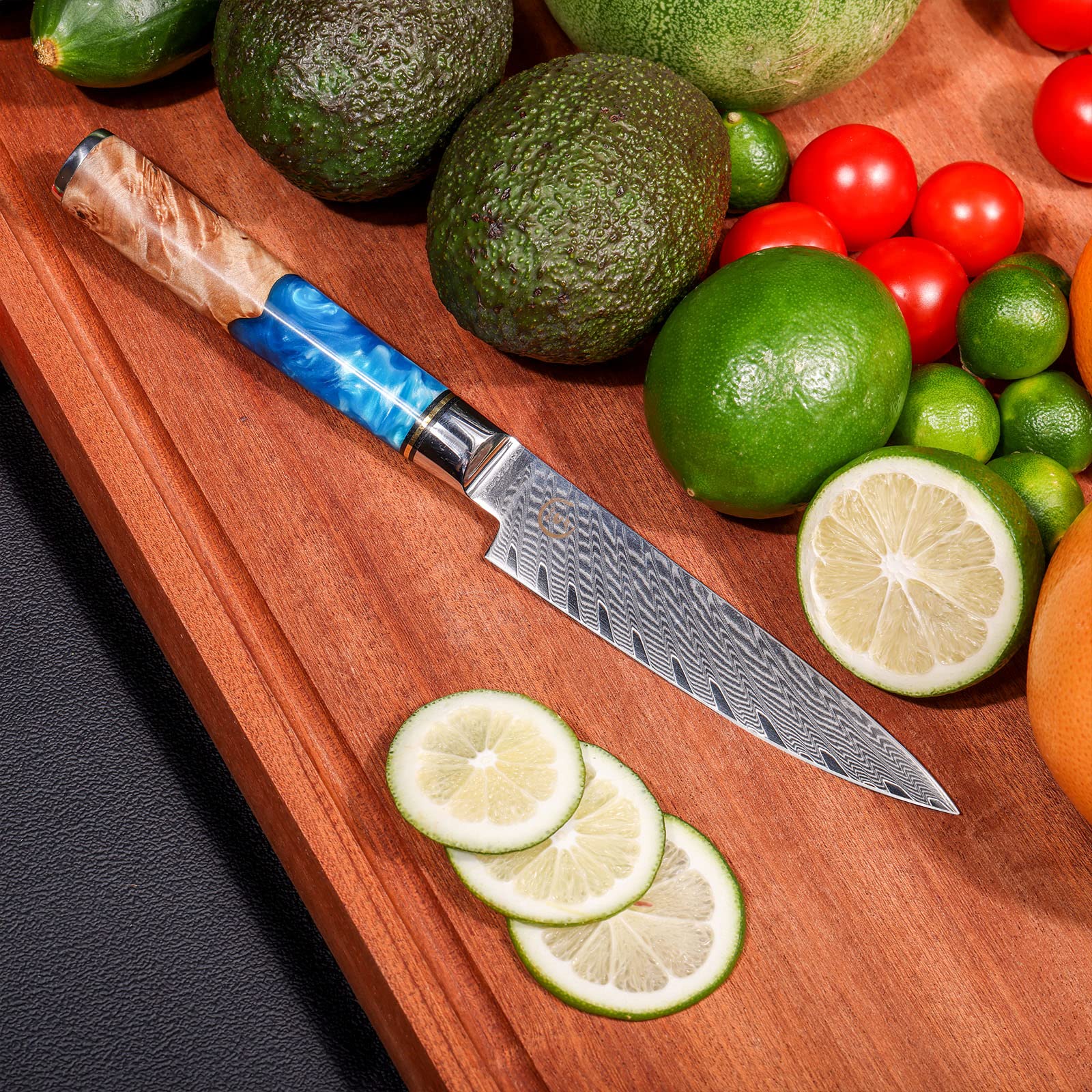 Fukep Kitchen Utility Knife, 5 Inch Paring Knife Sharp-edged Damascus Paring knife VG10 Core Steel With 66 Layers High Carbon Steel - Ergonomic Blue Handle - Small Fruit Knife