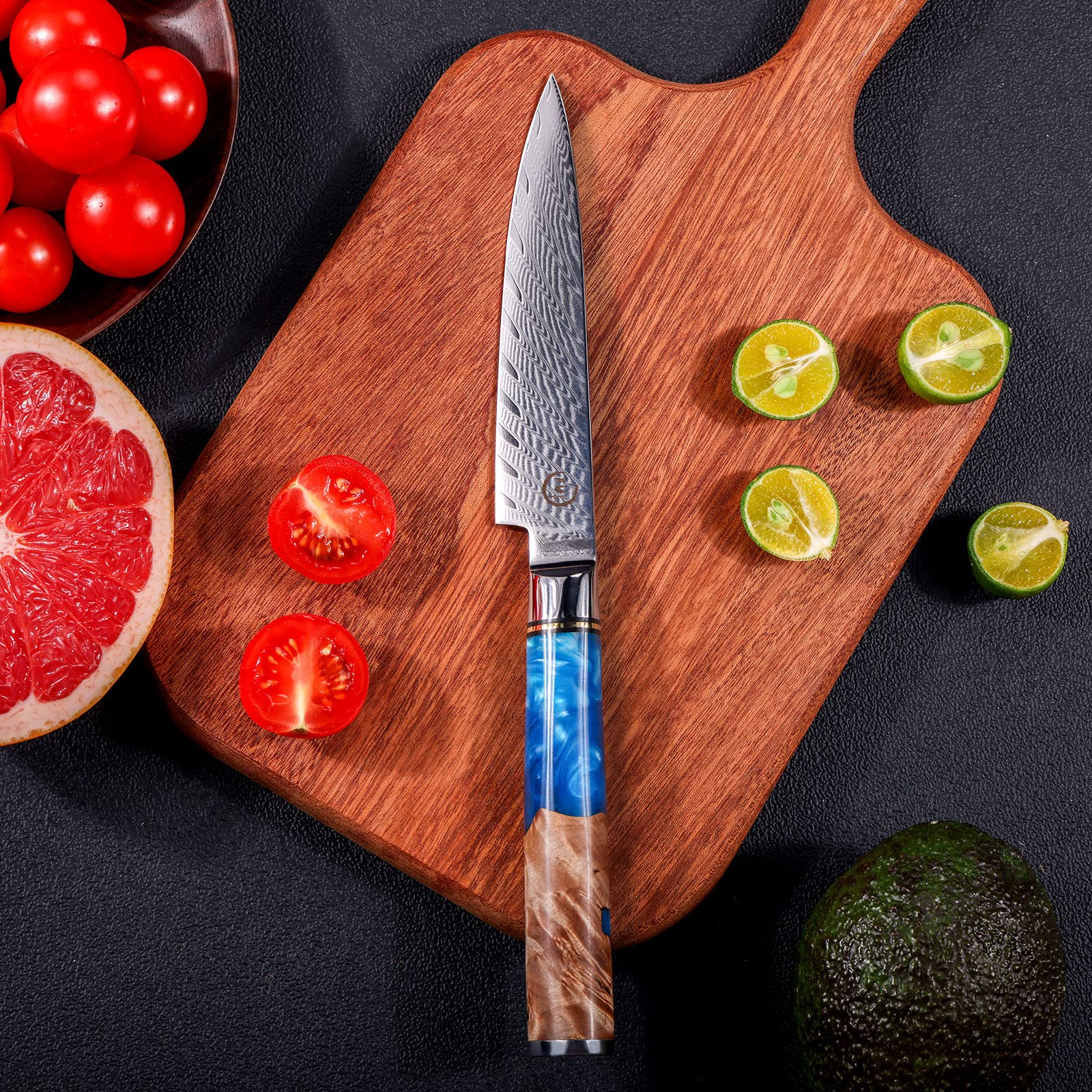 Fukep Kitchen Utility Knife, 5 Inch Paring Knife Sharp-edged Damascus Paring knife VG10 Core Steel With 66 Layers High Carbon Steel - Ergonomic Blue Handle - Small Fruit Knife