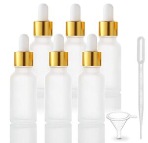 6 pack,frosted glass dropper bottle for essential oils,empty glass liquid holder with glass eye dropper,golden caps travel perfume cosmetic container-pipette&funnel included (15ml/0.5 fl oz)