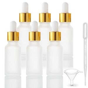 6 Pack,Frosted Glass Dropper Bottle for Essential Oils,Empty Glass Liquid Holder With Glass Eye Dropper,Golden Caps Travel Perfume Cosmetic Container-Pipette&Funnel included (15ml/0.5 fl oz)