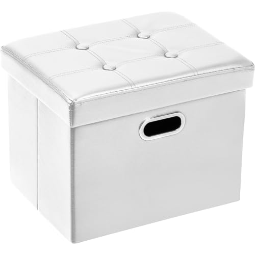 COSYLAND Storage Ottoman 17x13x13in Leather Ottoman Rectangle Foot Rest Foot Stool Folding Ottoman for Room Dorm Small Collapsible Bench Seat Organizer Entryway Furniture with Handles Lid White