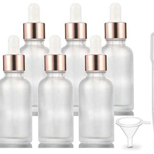 6 Pack,Frosted Glass Essential Oil Dropper Bottle,Empty Glass Liquid Container Holder With Glass Eye Dropper,Rose-Golden Caps Travel Perfume Cosmetic Container-Pipette&Funnel included (30ml/1 Ounce)