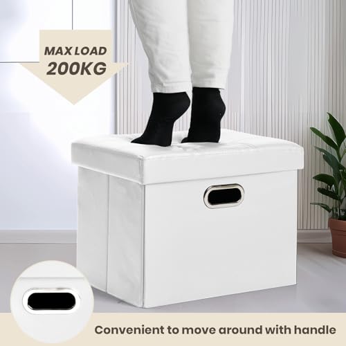 COSYLAND Storage Ottoman 17x13x13in Leather Ottoman Rectangle Foot Rest Foot Stool Folding Ottoman for Room Dorm Small Collapsible Bench Seat Organizer Entryway Furniture with Handles Lid White