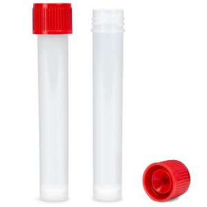 globe scientific transport tube, 10ml, separate red screw cap with recess for swab, sterile, pp, round bottom, self-standing, bulk packed, 2 x 500 tubes/bag & 1 x 1000 caps/bag (1000 pcs)