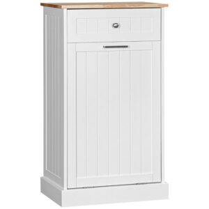 homvent wooden pull out trash can cabinet, tilt out free standing recycling cabinet for kitchen, kitchen hideaway trash can cabinet with drawer (white)