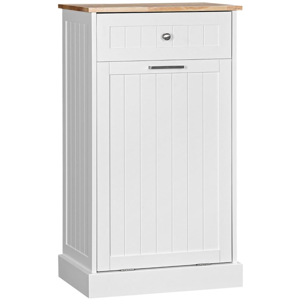 HomVent Wooden Pull Out Trash Can Cabinet, Tilt Out Free Standing Recycling Cabinet for Kitchen, Kitchen Hideaway Trash Can Cabinet with Drawer (White)