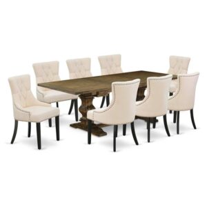 east west furniture lafr9-71-02 9 piece dining room table set includes a rectangle kitchen table with removable leaf and 8 light beige linen fabric parson chairs, 42x92 inch, jacobean