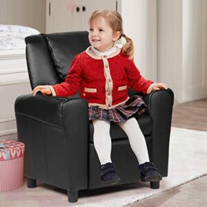 arlime kids recliner chair, toddler armchair upholstered couch with cup holder, backrest, baby leather sofa with headrest and footrest, child furniture for ages 2-7 (black)