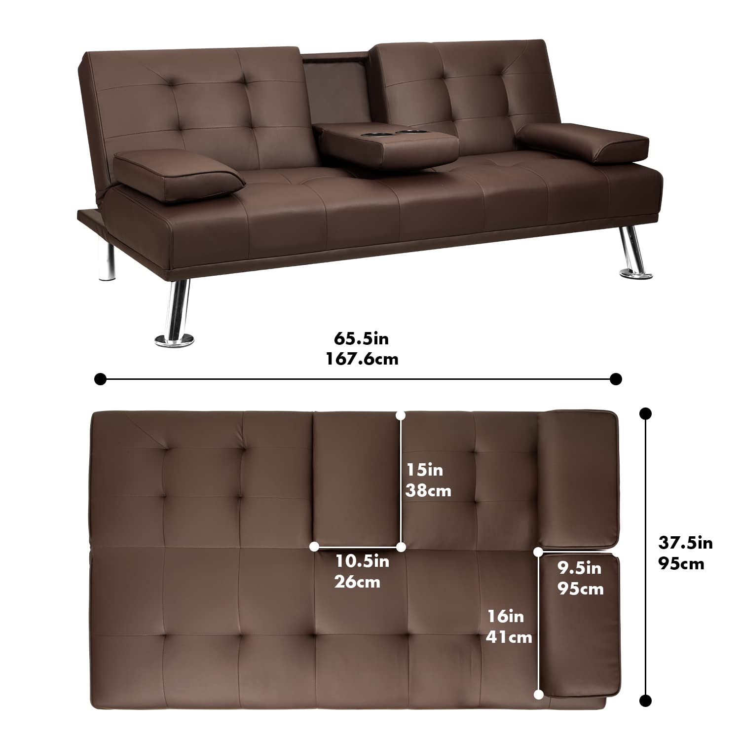 YESHOMY Futon Sofa Bed, Modern Faux Leather Convertible Folding Lounge Couch for Living Room with 2 Cup Holders Removable Soft Armrest and Sturdy Metal Legs, Brown