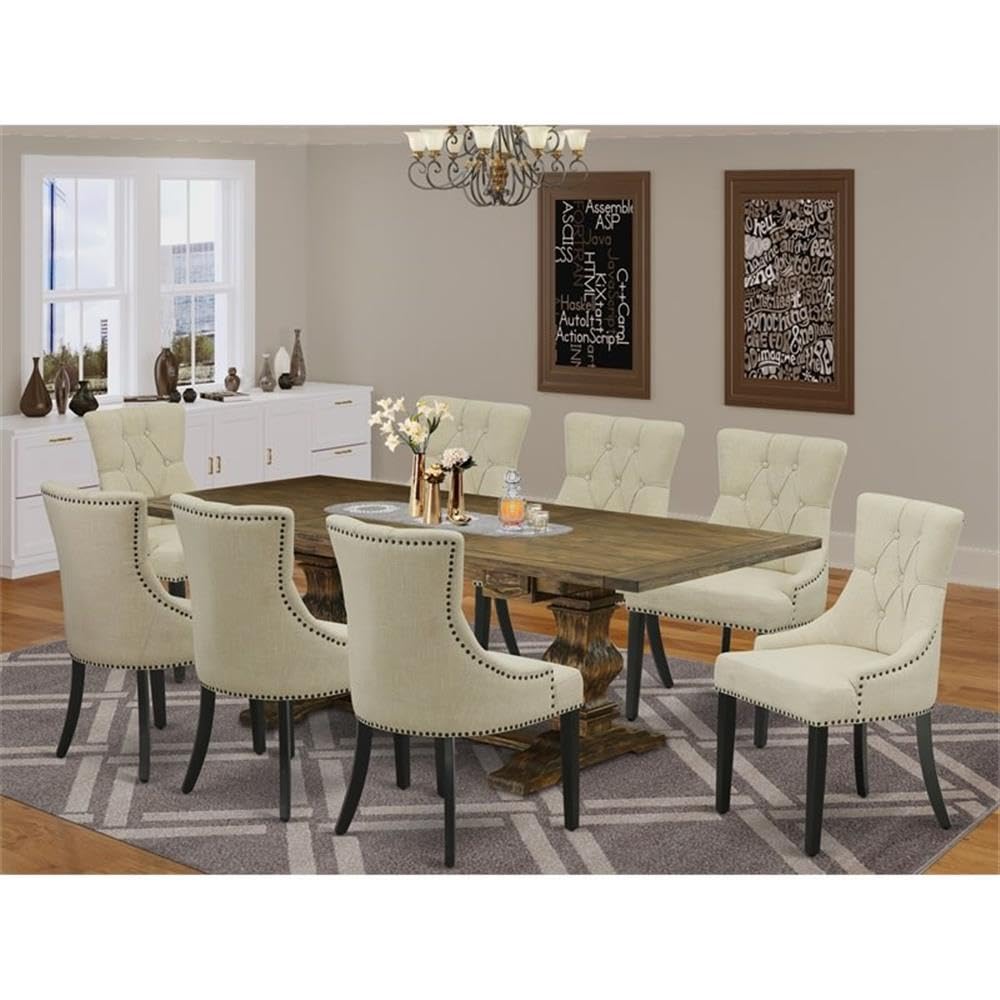 East West Furniture LAFR9-71-02 9 Piece Dining Room Table Set Includes a Rectangle Kitchen Table with Removable Leaf and 8 Light Beige Linen Fabric Parson Chairs, 42x92 Inch, Jacobean