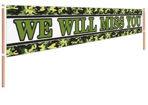 large camouflage we will miss you sign banner retirement party graduation party going away party office work party farewell party supplies decorations (9.8 x 1.6 ft)