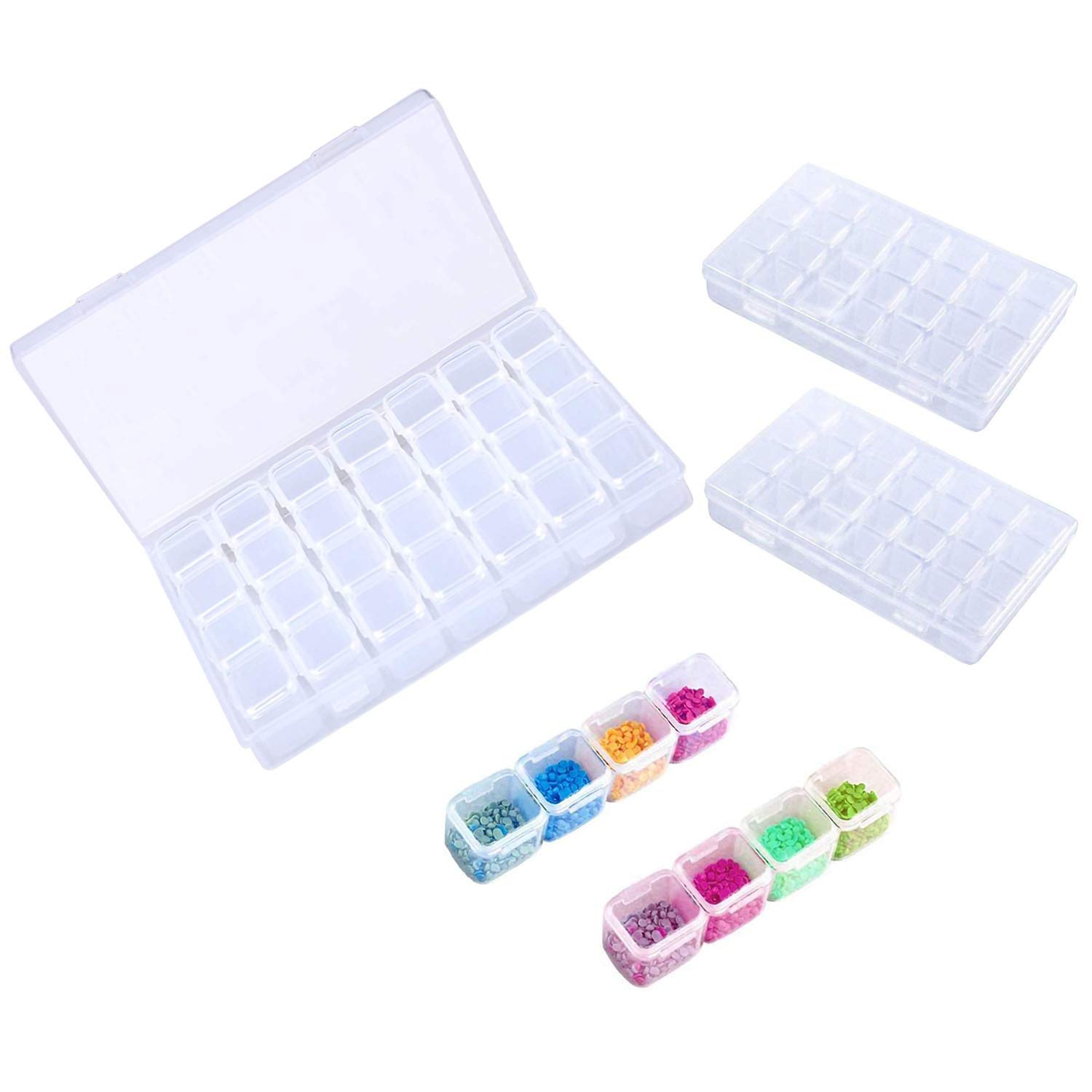 3 Pack 28 Grids Clear Plastic Organizer Box Plastic Jewelry Box Movable Dividers Earring Storage Containers Diamond Painting Storage Case for Cross Stitch Accessories, Nails, Sewing Supplies