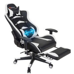 powerstone gaming chair with footrest massage video game chair high back computer office desk chair leather recliner rolling swivel chair white